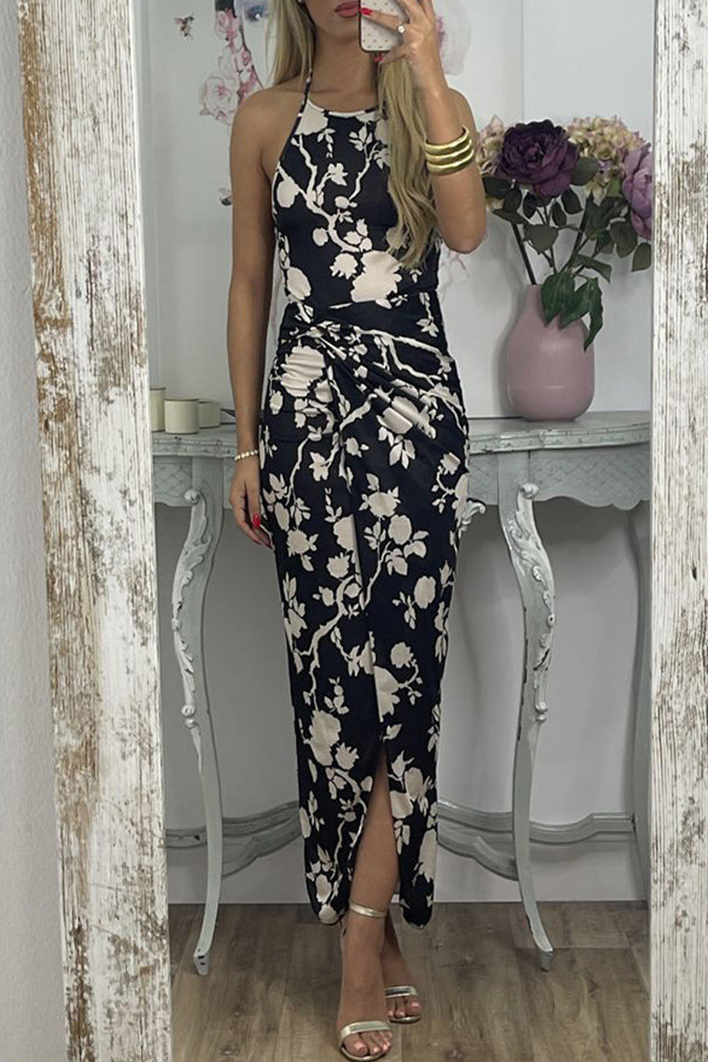 Elegant Floral Slit Fold Halter Printed Dress Dresses – Oatat